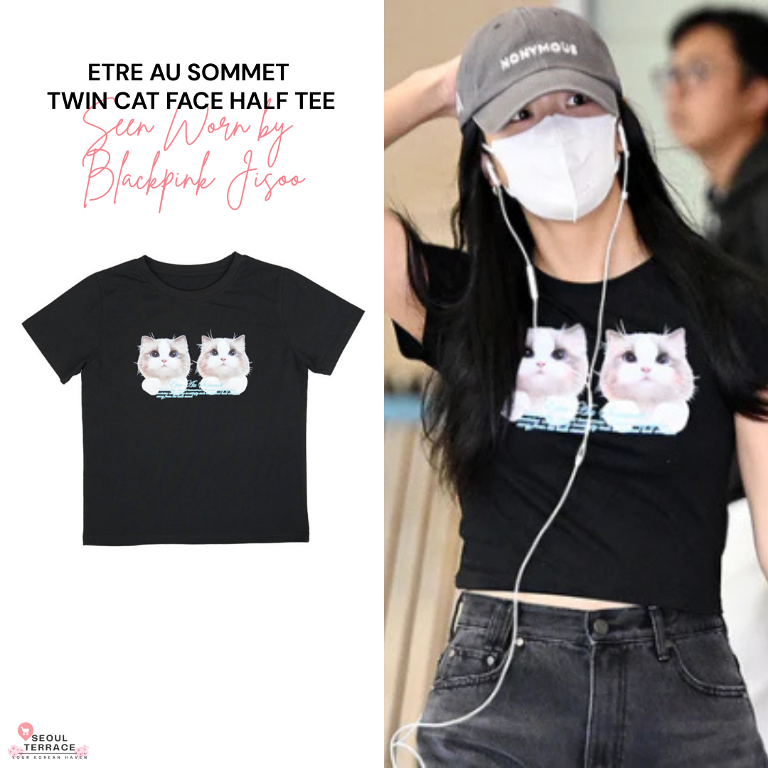 ETRE AU SOMMET Twin cat face half tee Seen worn by BLACKPINK JISOO ...