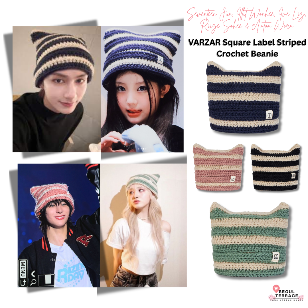 [kpop Idol Best Pick] VARZAR Square Label Striped Crochet Beanie ...